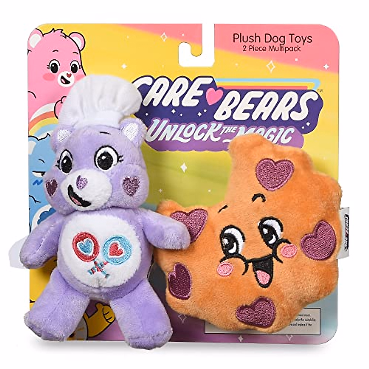Care Bear for Pets 2PC Set Share Bear Squeaker Flattie Plush Dog Toy With Crinkle Texture Cookie, 4" Small Collectible Toy (FF20238)