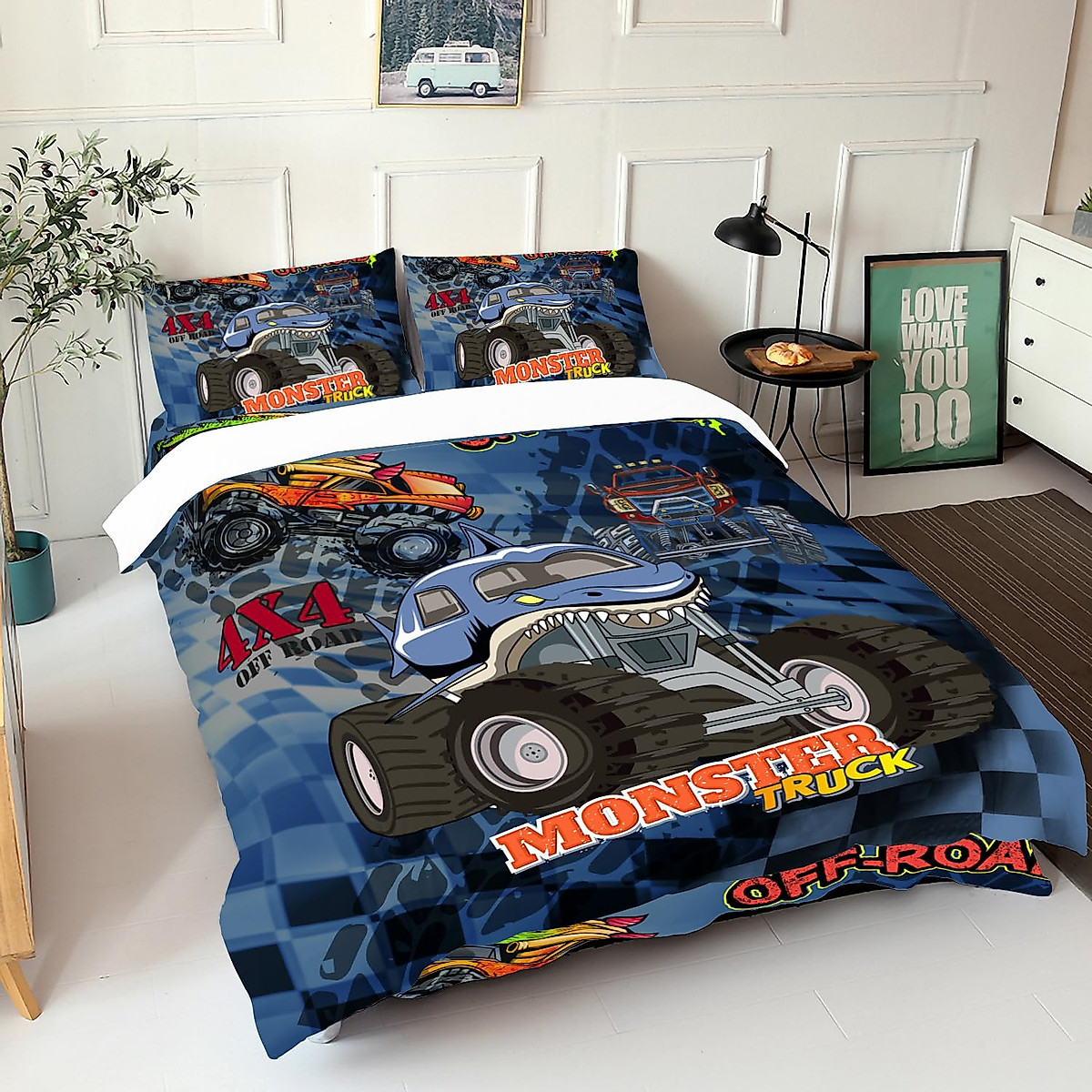 AILONEN Truck Duvet Cover Twin Size, 3D Monster Truck on Blue Background Theme Bedding Set for Kids Boys,Off-Road Comforter Cover Soft Microfiber,3 Pieces,1 Quilt Cover and 2 Pillowcases