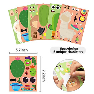 WATINC 36PCS Make Your Own Llama Cactus Stickers, Make a Face Animal Sticker Craft Game, DIY Art Cards Good Gift for School, Kids Goodie Bag Filler Reward Fiesta Mexican Alpaca Party Favor Supplies