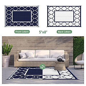 GENIMO 5' x 8' Outdoor Rug Waterproof for Patio Decor, Foldable Reversible Plastic Straw Area Rugs Mat for Camper, Outside Carpet for Rv, Deck, Porch, Picnic, Beach, Balcony, Blue & White