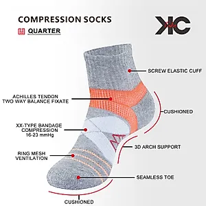 KC-TAHO Light Compression Arch Support Athletic Socks for Men & Women (4 Pairs) Cushioned Quarter Socks