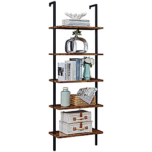 SUPERJARE Industrial Ladder Shelf, 5-Tier Wood Wall-Mounted Bookcase with Stable Metal Frame, 72 Inches Storage Rack Shelves Display Plant Flower, Stand Bookshelf for Home Office - Rustic Brown