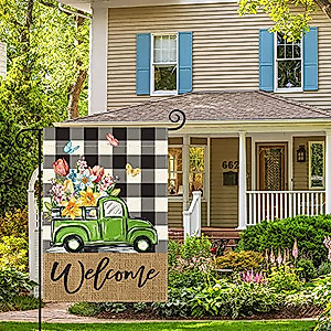 AVOIN colorlife Welcome Spring Floral Garden Flag 12x18 Inch Double Sided Outside, Buffalo Plaid Truck Flower Seasonal Yard Outdoor Flag