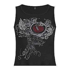 Meladyan Women Heart Rhinestone Graphic Print Sleeveless Crop Tank Ribbed Fairy Grunge 90s E-Girl Goth Vest Shirt Top Small