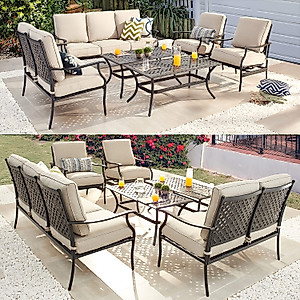 PatioFestival Patio Conversation Set 6 Pieces Metal Outdoor Furniture Seating Sets with Beige Thick Cushions, Rocking Chairs & Coffee Table & Loveseat