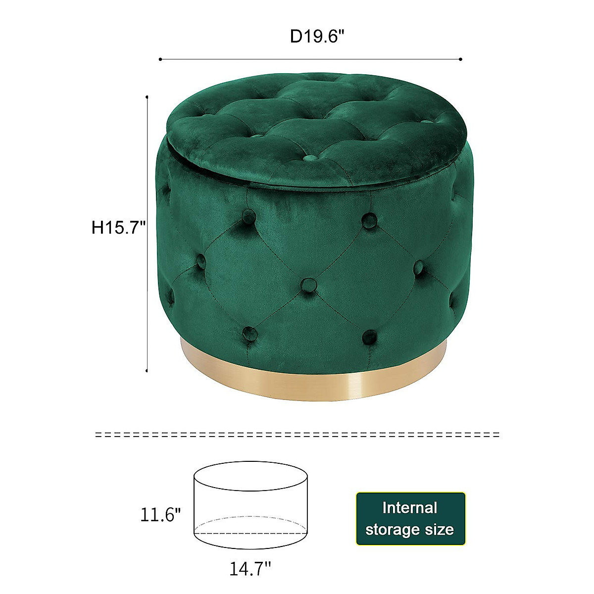DEERUN Modern Velvet Tufted Button Upholstered Round Storage Ottoman Foot Rest Stool, Vanity Stool, Green