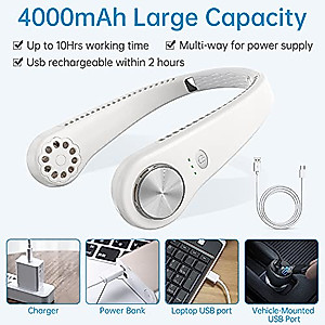 Yuzonc Portable Neck Fan, Personal Bladeless Fan, 4000 mAh Battery Operated USB Rechargeable Neck Fan, 3 speeds with 360° Cooling, Hands-Free Hanging Fan for Office, Travel, Outdoor Sports
