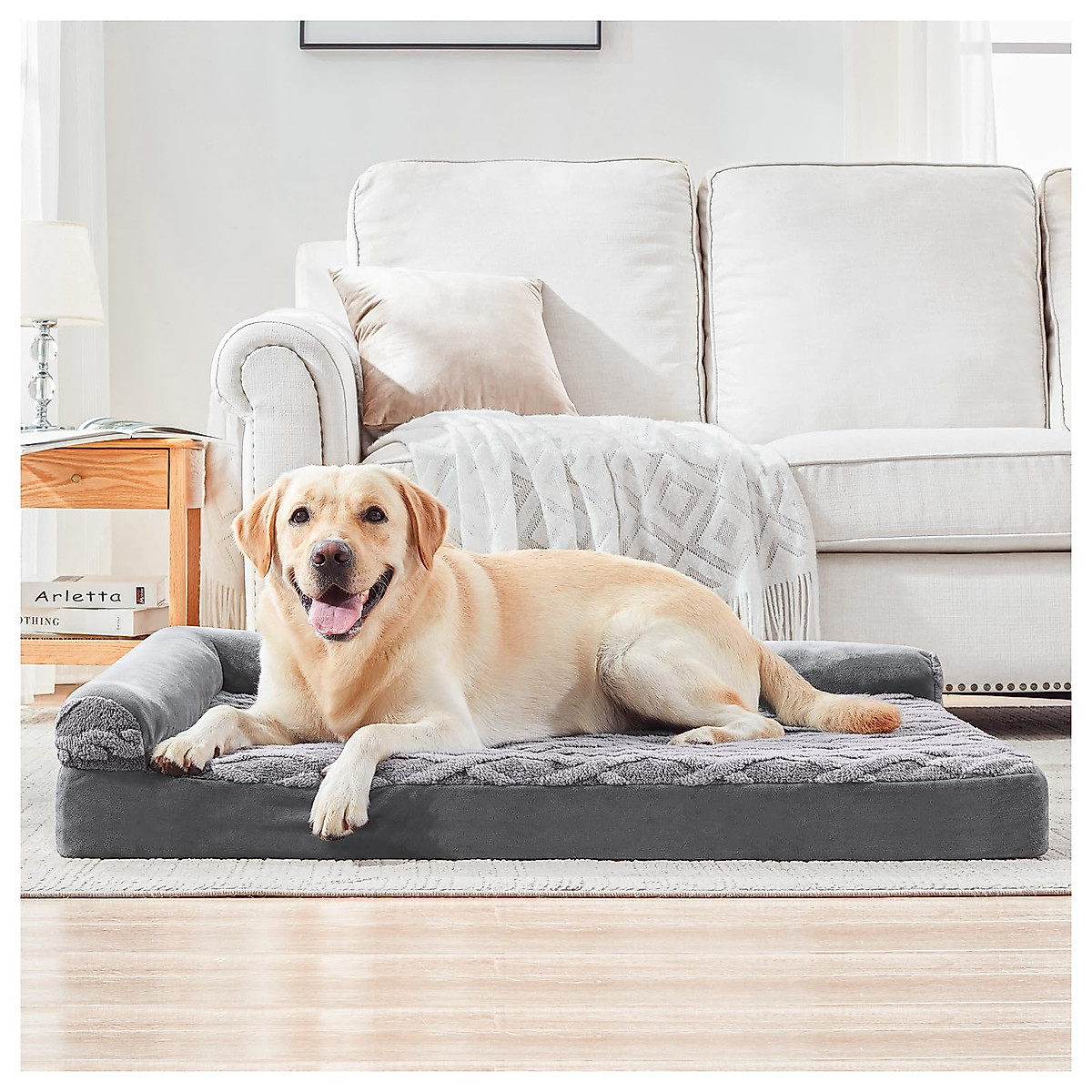 JOEJOY Orthopedic Dog Bed for Extra Large Dogs, Egg Crate Foam Dog Beds with Removable Washable Cover, Cozy Waterproof Lining Bolster Pet Sleeping Beds, Anti-Slip Bottom Dog Sofa Bed 44"x32"