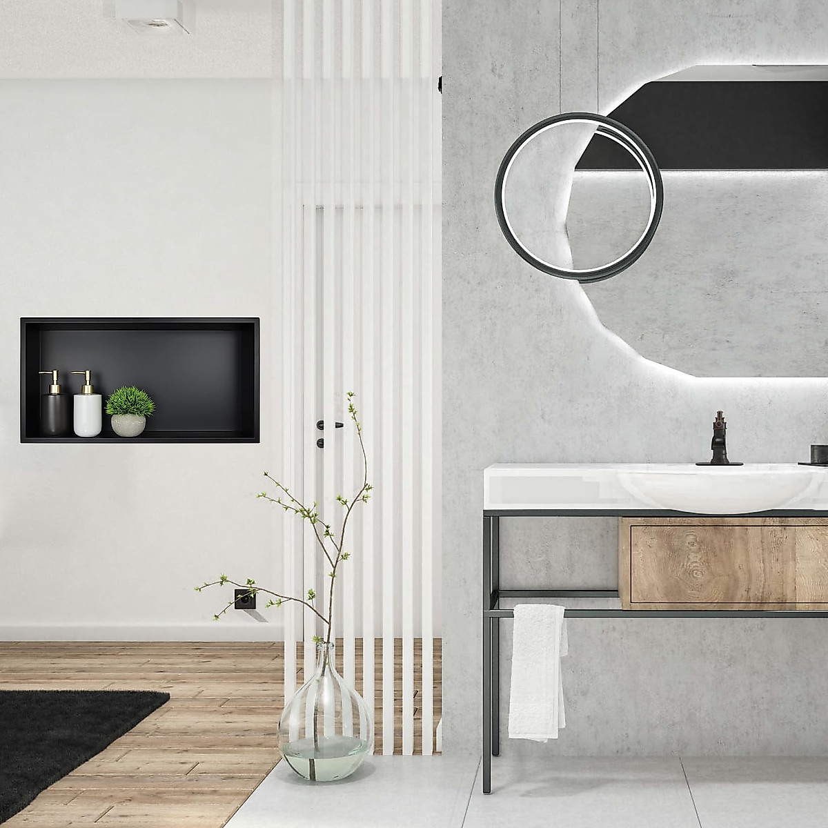 BWE Stainless Steel Shower Niche, 24" X 12" X 4" Large Volume Bathroom Wall Niche,No Tile Needed,Recessed Shower Shelf Organizer for Storage,One Inner Shelf,Matte Black