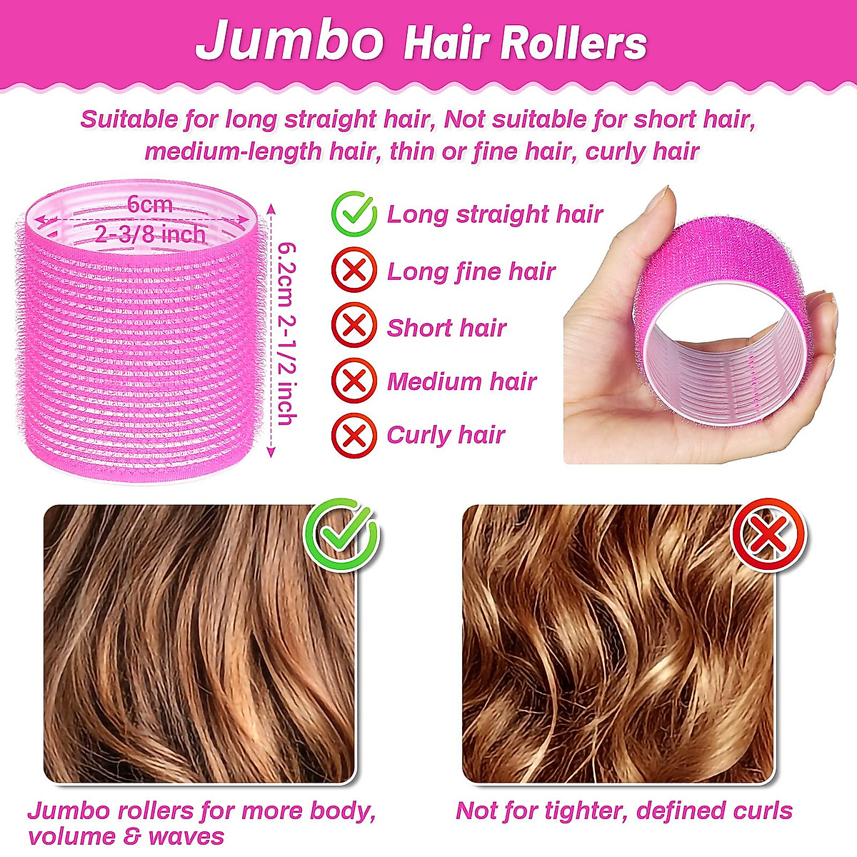 Jumbo Hair Curlers Self-Grip Rollers, 60mm Large Rollers with Clips for Long, Thick Straight Hair (Rose Red) - Hair Curlers Rollers