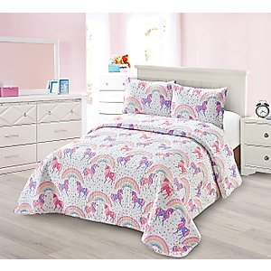 Kids Zone Collection Bedspread Coverlet Kids/Teens Unicorn Stars Hearts Rainbow White Pink Purple Yellow Orange Grey New # Unicorn Two (Twin)
