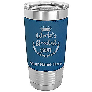 LaserGram 20oz Vacuum Insulated Tumbler Mug, World's Greatest Son, Personalized Engraving Included (Faux Leather, Blue)