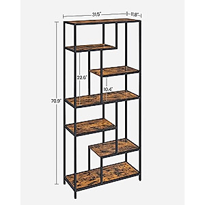VASAGLE Bookshelf, 6-Tier Tall Bookcase, Display Shelf, Plant Stand, 11.8 x 31.5 x 70.9 Inches, Particleboard, for Study, Office, Living Room, Bedroom, Kitchen, Rustic Brown and Black ULLS119B01
