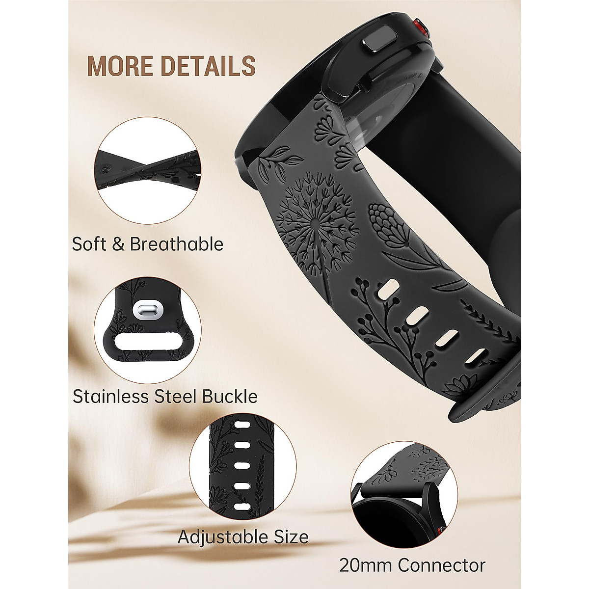 W-RARA 3 Pack Floral Engraved Band Compatible with Samsung Galaxy Watch 6/5/4/Active 2 40mm 44mm/Watch 5 Pro 45mm/Watch 6 Classic/Watch 3 41mm Women, 20mm Cute Soft Silicone Flower Pattern Sport Strap