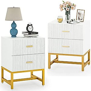 Tribesigns 2-Drawer Nightstand Set of 2, Modern Striped Night Stands Bed Side Table with Storage, White and Gold End Table Wood Metal Side Table for Living Room, Bedroom