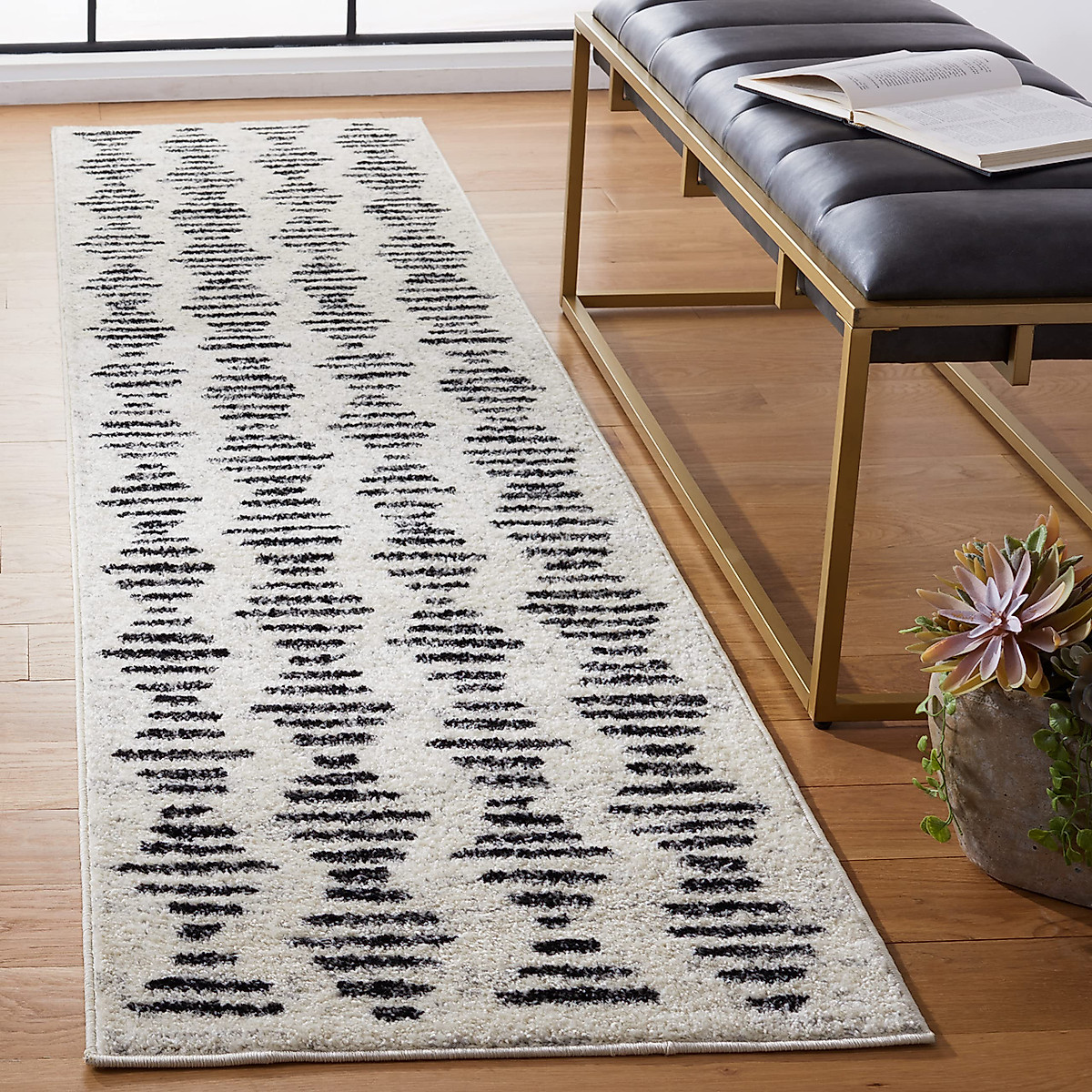 SAFAVIEH Tulum Collection Runner Rug - 2' x 11', Ivory & Black, Modern Boho Design, Non-Shedding & Easy Care, Ideal for High Traffic Areas in Living Room, Bedroom (TUL644A)