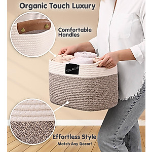 Cotton Rope Baskets for Organizing – Storage Baskets for Shelves | 15"x10"x9" | Rope Basket for Storage, Small Laundry Baskets, Woven Baskets for Storage, Dog Toy Bin, Baby Basket, Creamy White &Brown