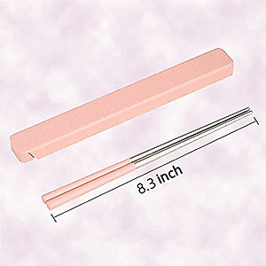 Molizummy 1Pair Portable Chopsticks with Pull Design Case, Reusable Metal Stainless Steel Chopstick with Wheat Straw Handle for School, Home, Office, Outdoor, Bento Box Use, Dishwasher Safe (Pink)
