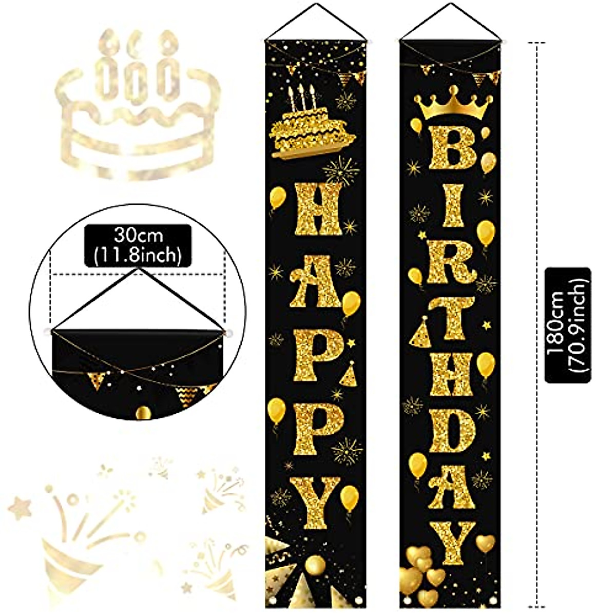 LioNergy Happy Birthday Banner Black and Gold Hanging Birthday Porch Sign for Outdoor Indoor Happy Birthday Party Decration Supplies