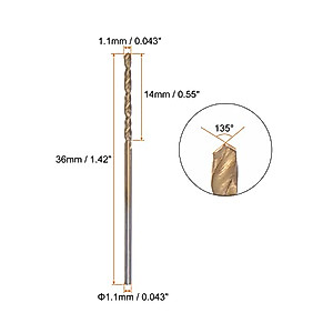 HARFINGTON 5pcs Twist Drill Bits 1.1mm Titanium Coated (HSS-E) M42 High Speed Steel 8% Cobalt Straight Shank for Stainless Steel Aluminum Alloy Metal