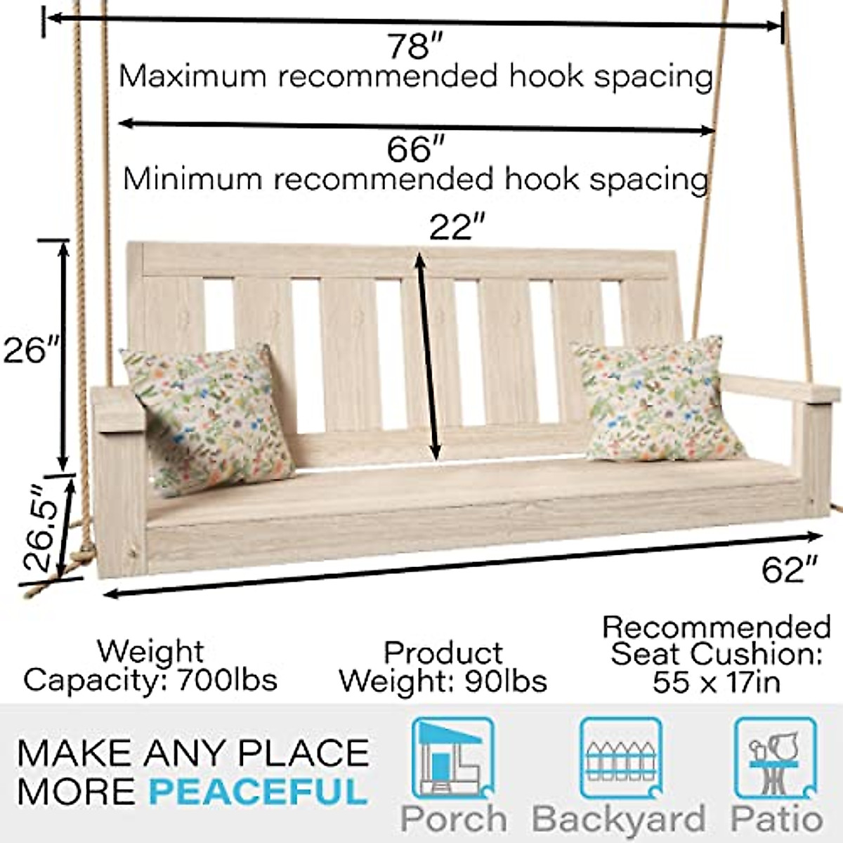Porchgate Amish Heavy Duty 700 Lb Ardmore Porch Swing W/Ropes (5 Foot, Unfinished)
