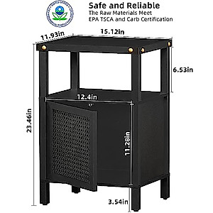 Lerliuo Rattan Nightstand, Side End Table with Handmade Natural Rattan Door and Open Shelf, Wood Accent Night Stand with Storage, Mid Century Modern Bedside Table for Bedroom, Living Room (Black)