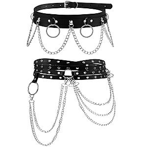 LOREMOW 2 Pcs Black Leather Waist Chain Belt Womens Punk Waist Belly Chain Layered Goth Body Chain Nightclub Party Body Jewelry Accessories