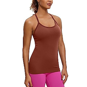 CRZ YOGA Seamless Workout Tank Tops for Women Racerback Athletic Camisole Sports Shirts with Built in Bra Jujube Brown X-Large