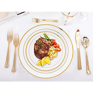 Ciaell 250PCS White and Gold Plastic Plates - Gold Disposable Plastic Plates Sets include 50Plates, 25Knives, 25Forks, 25Spoons, 25Mini Fork, 25 Cups, 25Paper Straws, 50Napkins for Thanksgiving, Party