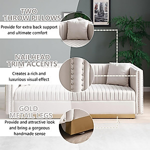 ivoros 78" Velvet Couch, Modern Channel Tufted Sofa Couch with 2 Pillows, 3 Seater Upholstered Couches with Gold Metal Legs and Nailhead for Living Room, Apartment and Office (Beige)