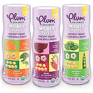 Plum Organics Mighty Puffs Snack For Babies - Variety Pack - (Pack of 6) 1.85 oz - Includes Carrot & Broccoli, Beet & Strawberry, and Spinach & Pea Flavors - Ancient Grain & Chickpea Snacks