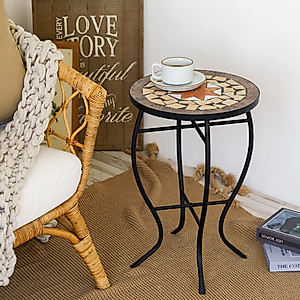 VONLUCE Mosaic Side Table and Plant Stand, 21" Round End Table with 14" Ceramic Tile Top, Indoor & Outdoor Accent Table, Porch Patio Furniture, Entryway & Coffee Table for Home & Garden, Maple