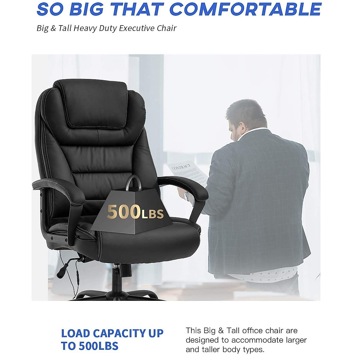 Big & Tall Home Office Chair Desk Chair Executive Chair 500LBS Ergonomic High Back Leather Computer Chair with Lumbar Support Headrest Massasge Height Adjustable Swivel Task Chair for Adult Women Men