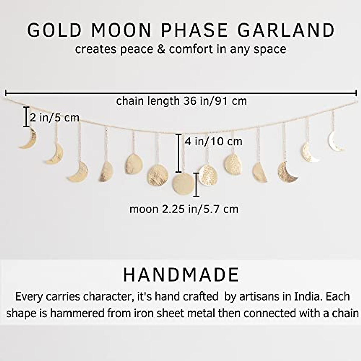 Moon Phase Wall Hanging, Handmade Hammered Gold Metal 13 Moons 36" Garland, Phases of the Moon, Celestial Lunar Art, Bohemian Aesthetic Christmas Boho Decor for Bedroom Home Dorm Living Room Girl Gift