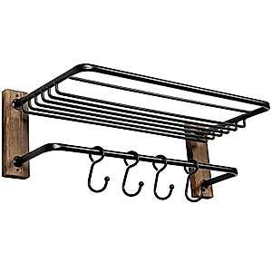 MyGift Wall Mounted Black Metal 2 Tier Bathroom Shelf and Hand Towel Bar Rack with Sliding Hanger Hooks and Solid Burnt Wood Mounting Brackets