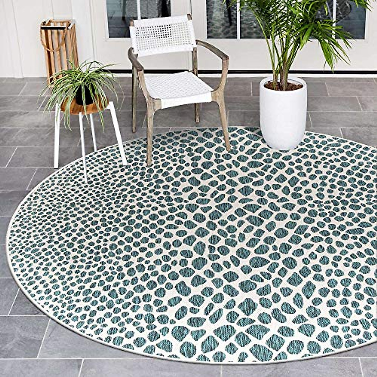 Unique Loom Jill Zarin Outdoor Collection Animal Print Area Rug (4' 0 x 4' 0 Round, Teal)