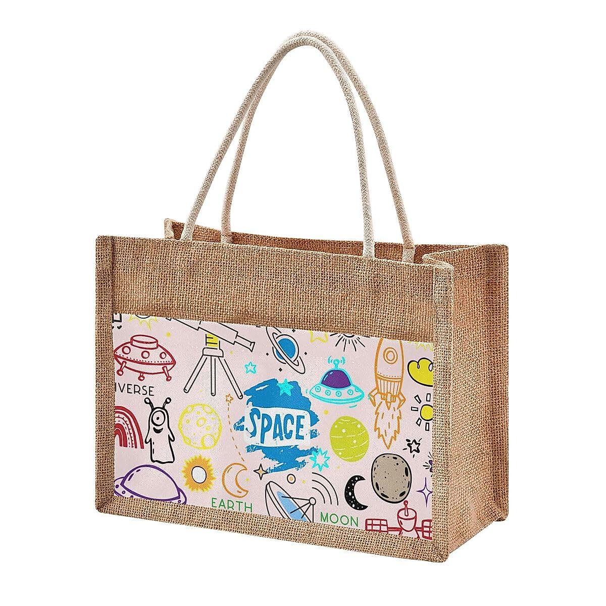 Jute Tote Burlap Bag Pink Cute Space Science Universe Rocket Planet Gift Bag Women DIY Work Grocery Storage Bag