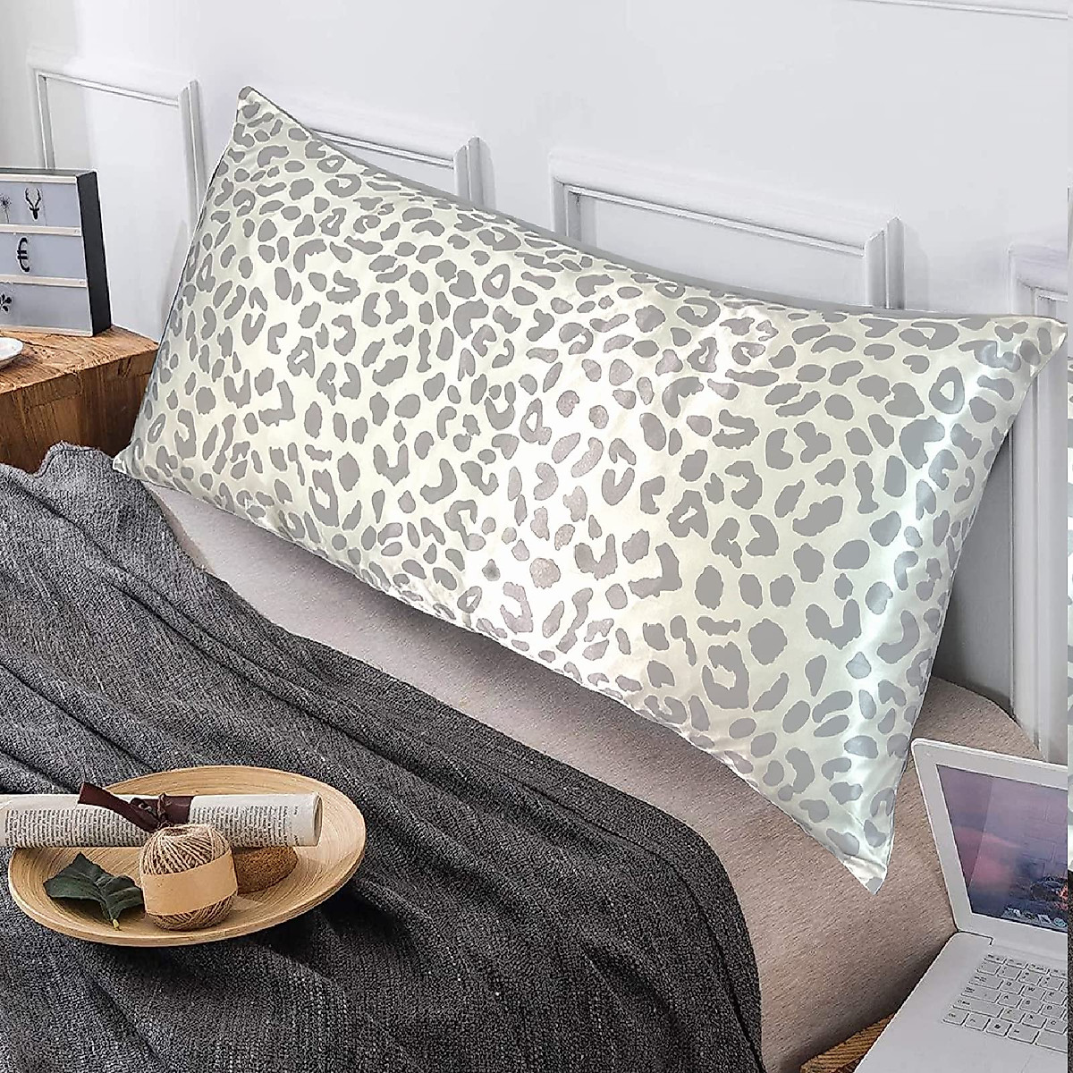LCBD Satin Body Pillow Case for Hair and Skin, Grey Leopard Printed Silk Satin Body Pillow Case Cover, 20x54 Body Cooling Pillow Cover with Envelope Closure