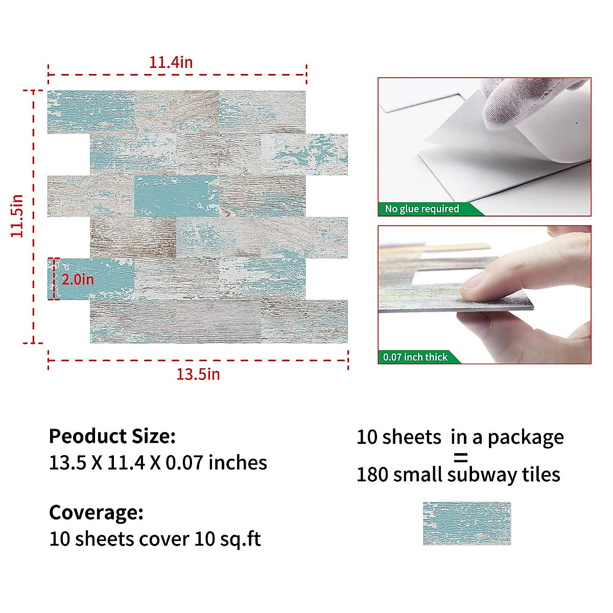 DEWOO 10-Sheet Peel and Stick Tiles Backsplash Stick on Tiles for Kitchen Wall (13.5" x 11.4"，Retro Blue