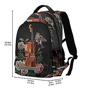 Embroidery Musical Violin Backpack Lightweight Shoulder Bag, Bird Pink Roses Laptop Backpack Casual Daypack with Safe Reflective Stripes for Daily Hiking Camping