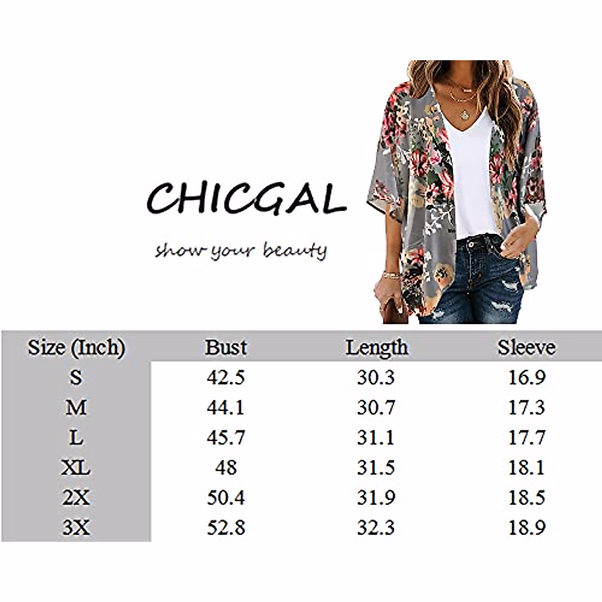 Women's Floral Print Puff Sleeve Kimono Cardigan Loose Cover Up Casual Blouse Tops (Dark Grey, XL)