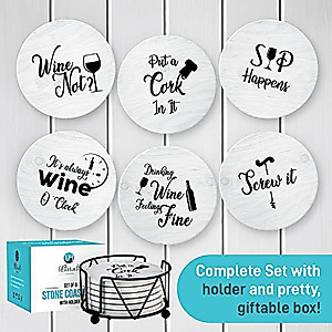 Coasters for Drinks Absorbents with Holder - 6 Pcs Gift Set with 6 Funny Sayings for Wine Lovers - Ceramic Stone with Corked Back, Unique Present for Housewarming, Living Room Decor