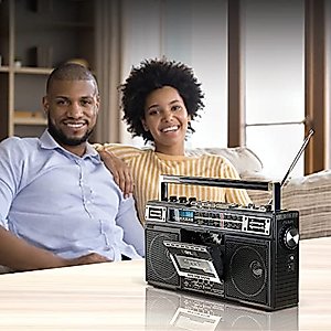 QFX J-220BT Boombox MP3 Conversion from Radio to Cassette with 4-Band (AM, FM, SW1, SW2) Radio with Bluetooth, Dual 3” Speakers, Built-in Microphone, Recorder, and a 3-Band Equalizer