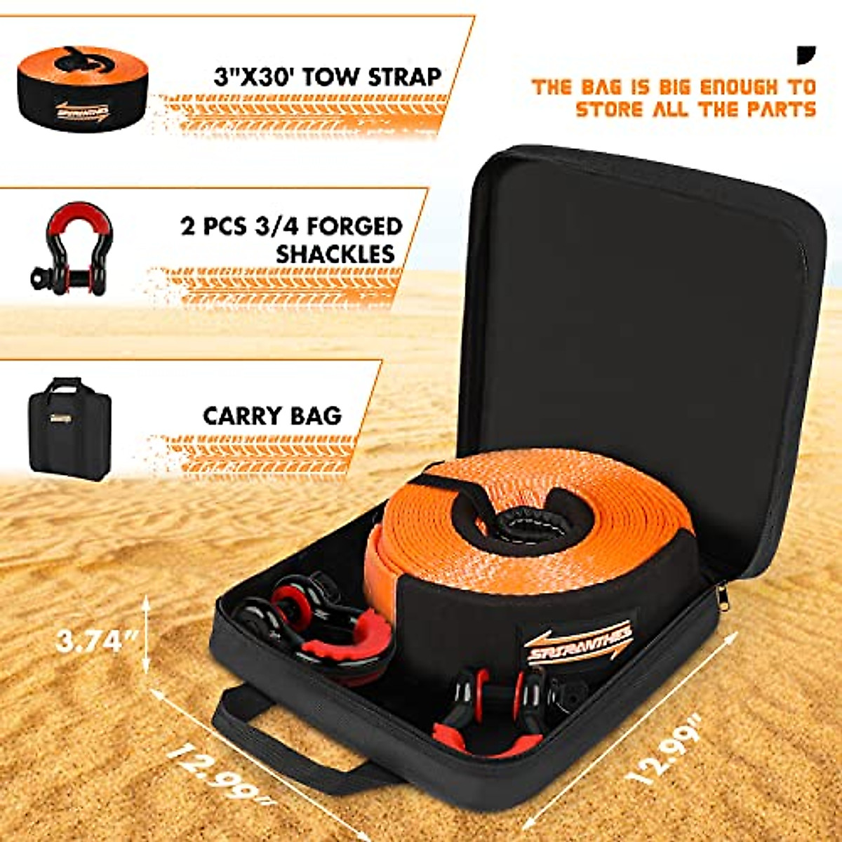 AUREOLE Tow Straps Heavy Duty Recovery Rope Kit 3" x 30ft Snatch Straps Lab Tested 35,000lb Break Strength,22% Elongation 100% Nylon Strap + 3/4 D Ring Shackles (2 Pack) with 4 Washers + Storage Bag