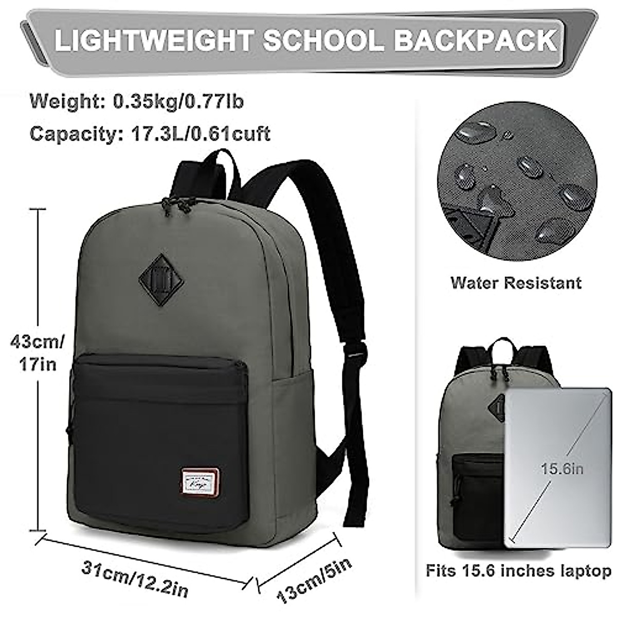 Kasqo Lightweight School Backpack, Water-Resistant Casual College Bookbag for Men Women Teen Girls Boys, Gray and Black
