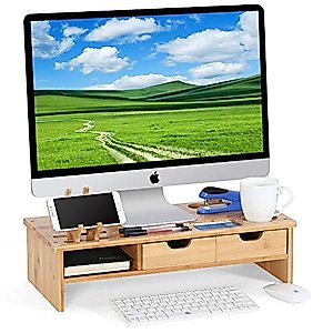 Tribesigns Monitor Stand Riser with Storage Organizer Drawers Bamboo, Natural Brown