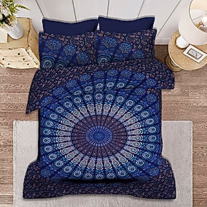 SHIRANYA 100% Cotton Sea Green Mandala Duvet Cover Set Queen 3 Piece Indian Ethnic Reversible Bohemian Floral Design Bedspread Blanket (1 Duvet Cover+2 Pillowcases, Size-88x82 inch)