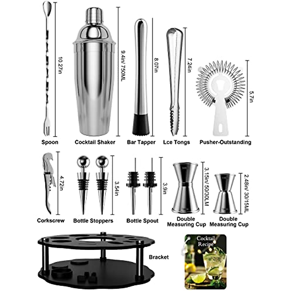 Bokhot Bartender Kit, 14 Piece Cocktail Shaker Set Stainless Steel Bar Tools with Rotating Stand, 25 oz Shaker Tins, Jigger, Spoon, Pourers, Muddler, Strainer, Tongs, Bottle Stoppers, Opener, Recipes