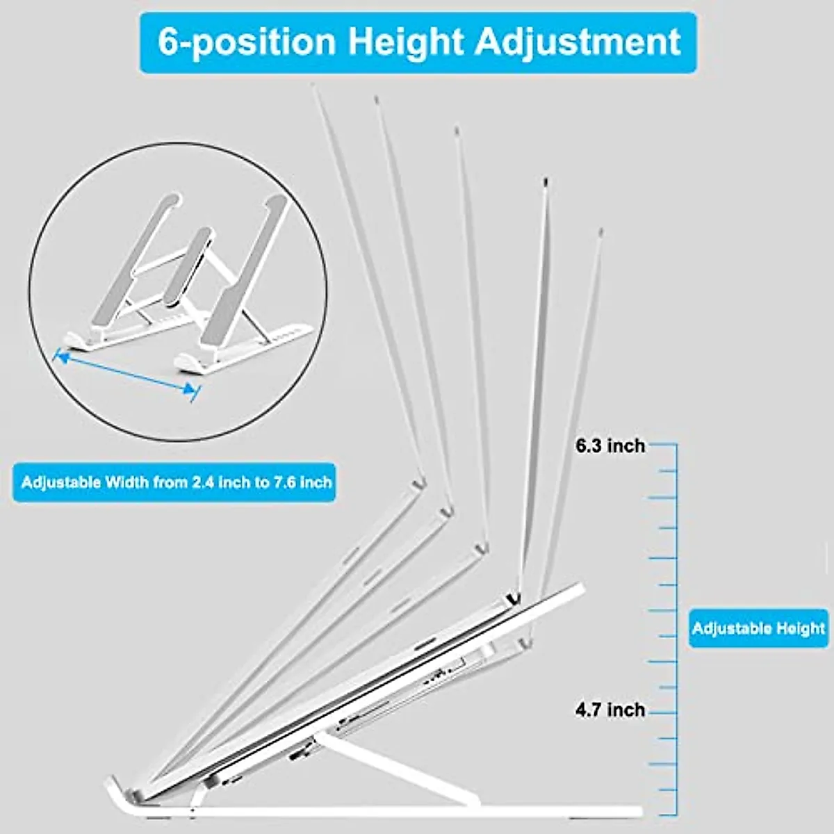 Adjustable Laptop Stand for Desk, Portable Computer Stand Laptop Riser for Desk, Fold able Laptop Holder, 6 Angles Computer Riser, Compatible with 9-15.6 Inch Laptops, Phone, Tablets, Books (White)