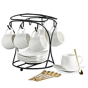 LYEOBOH Espresso Cups with Saucers Set, Porcelain Coffee Cups and Metal Stand and Spoons, Small Demitasse Cups for Espresso, Latte, Cafe Mocha, Cappuccino, and Tea, 3 OZ, Set of 6, White